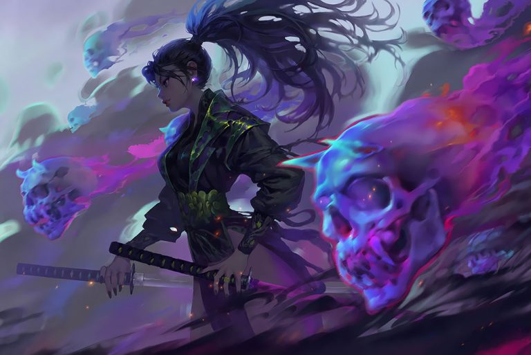 Demon Skull Samurai Girl Depth Parallax Wallpaper - MyLiveWallpapers.com