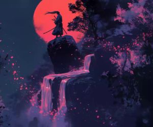Samurai Red Sun Waterfall Live Wallpaper - MyLiveWallpapers.com