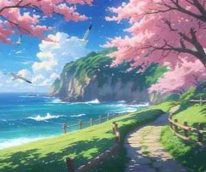 Sakura Trees by the Beach Live Wallpaper - MyLiveWallpapers.com
